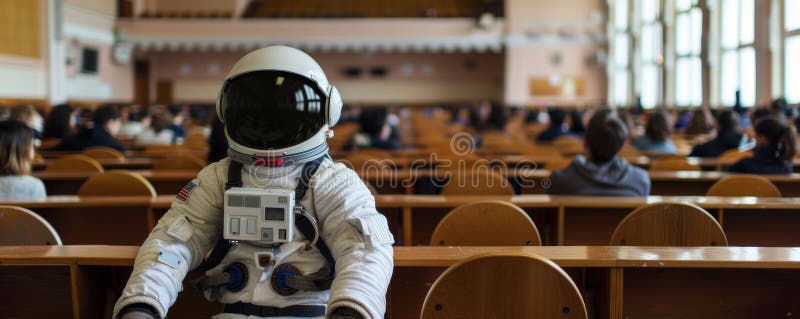 Astronaut in Full Space Suit Sitting in a Classroom with Students in ...