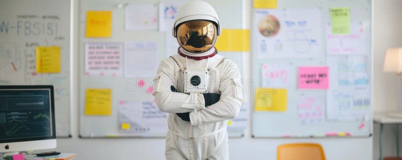 Astronaut in Full Space Suit Standing Confidently in Modern Office ...