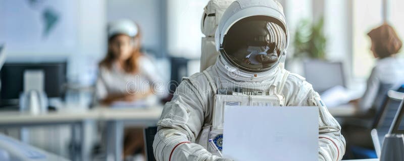 Astronaut in Full Space Suit Working in a Modern Office Environment ...