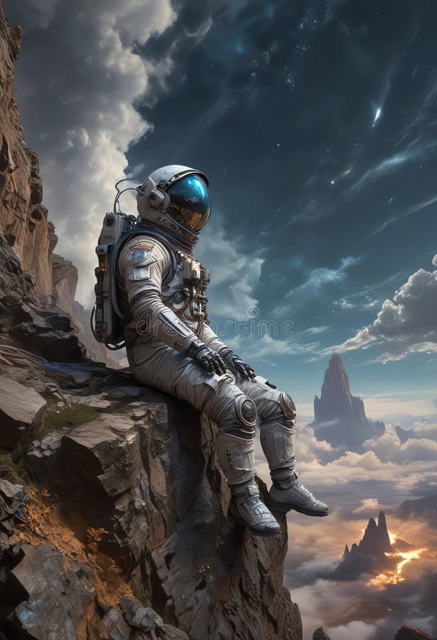 Astronaut in a Futuristic Spacesuit Sitting on the Edge of a Rocky ...