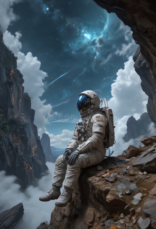 Astronaut in Futuristic Spacesuit Sitting on the Edge of a Rocky Cliff ...