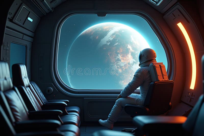 Astronaut Gazing at Distant Planet from Spaceship Window Stock ...