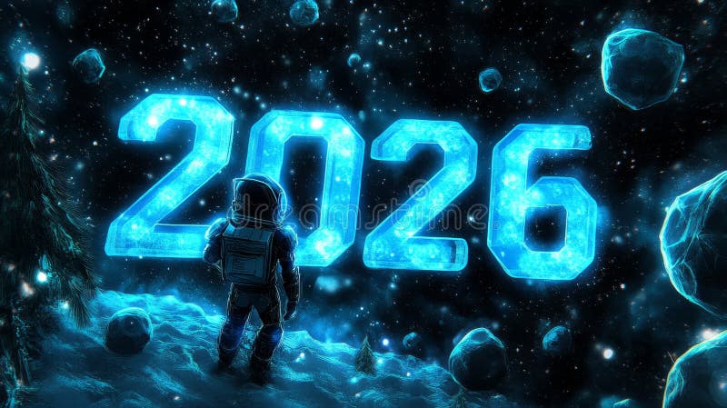 Astronaut Gazing at the Neon Year 2026 in a Celestial Landscape, Space Exploration Concept Stock ...