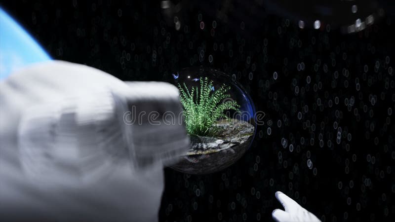 Astronaut and Grass in Glass Sphere in Outer Space. Ecology Concept. 3d ...