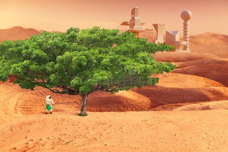 Astronaut Growing Tree on Red Plane Stock Image - Image of explorer ...