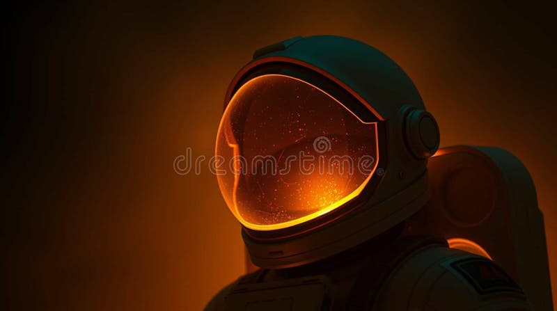 An Astronaut Helmet is Illuminated with a Glowing Orange Light ...