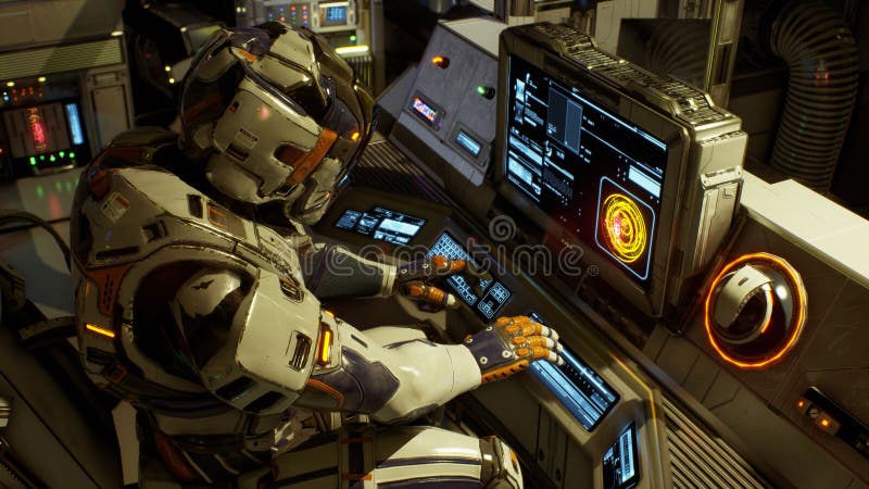 The Astronaut on His Spaceship Running on a Computer. 3D Rendering ...