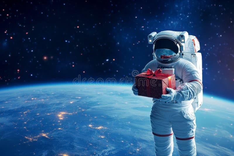 An Astronaut Holding a Christmas Gift Box on the Moon, . Stock Photo ...