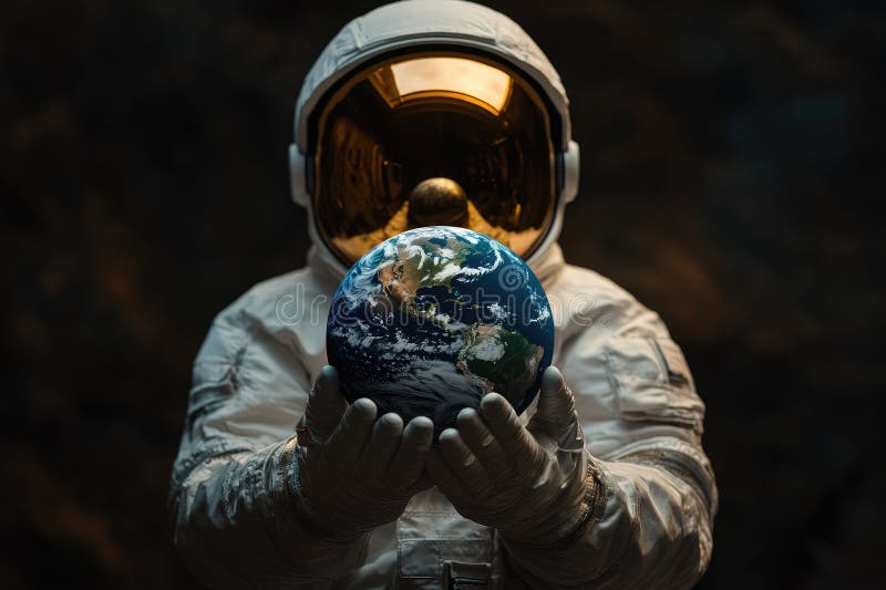 Astronaut Holding Earth Planet in Hands. Spaceman and His Mission Stock ...