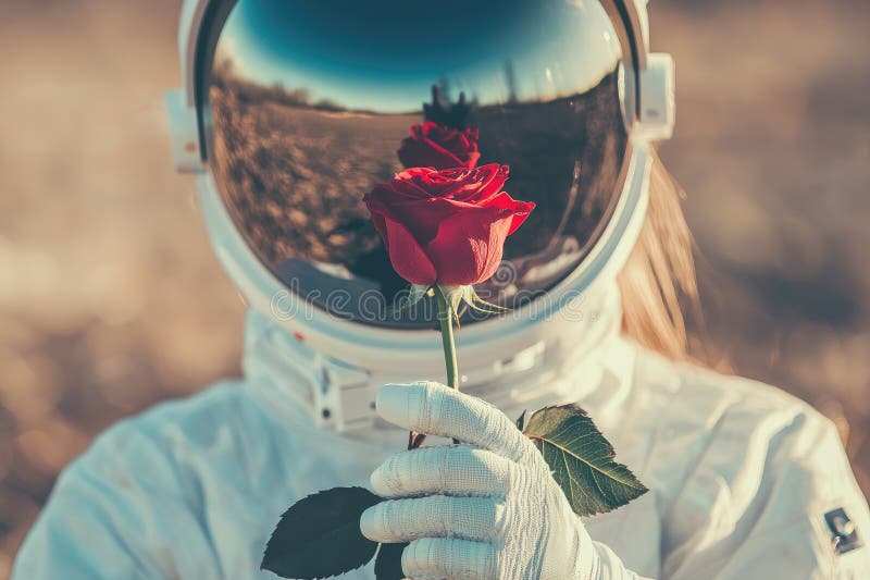 Astronaut Holding Red Rose with Reflective Helmet Stock Photo - Image ...