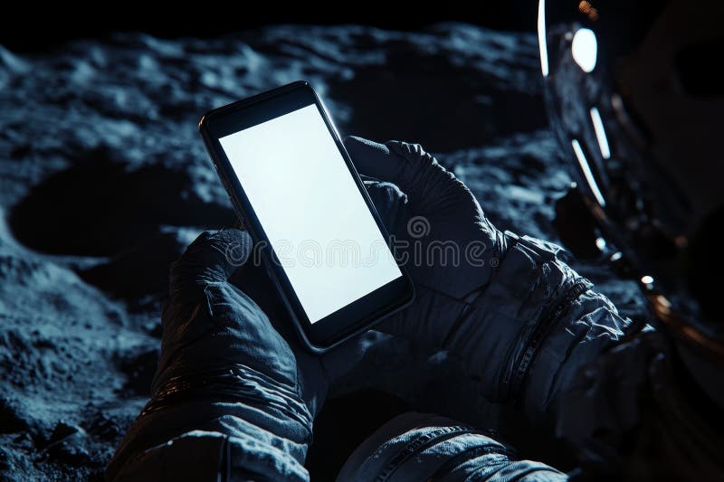 An Astronaut Holding Smartphone with Empty White Screen in Front of Him ...