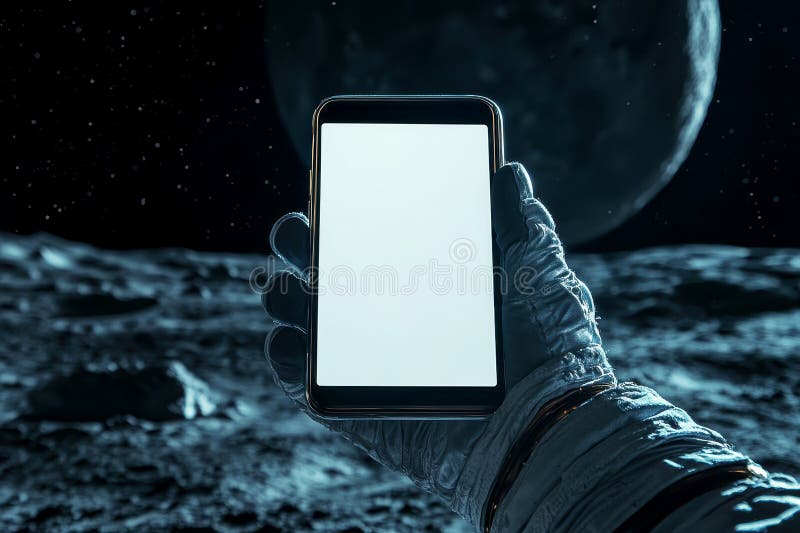 An Astronaut Holding Smartphone with Empty White Screen in Front of Him ...