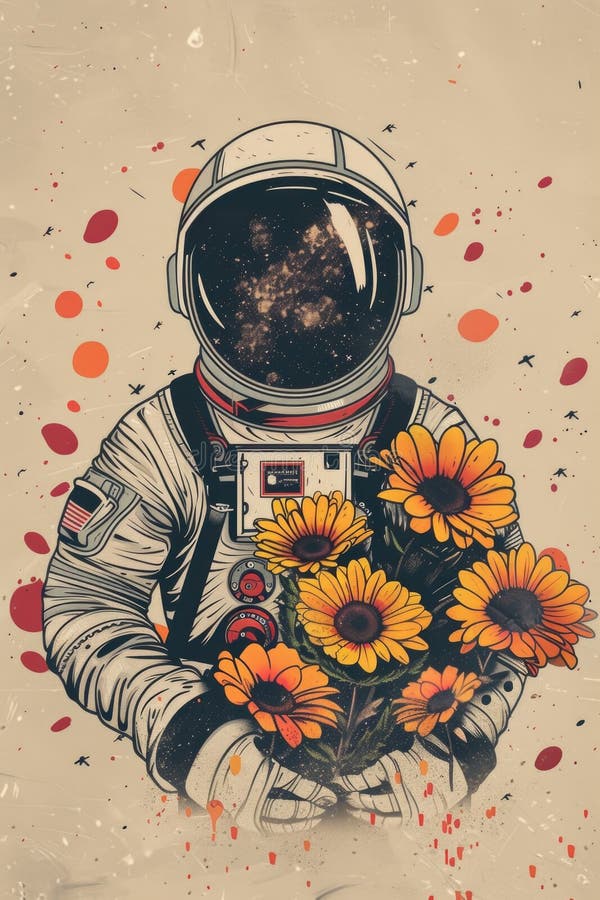 Astronaut Holding Sunflowers in Space-Themed Art Stock Photo - Image of ...