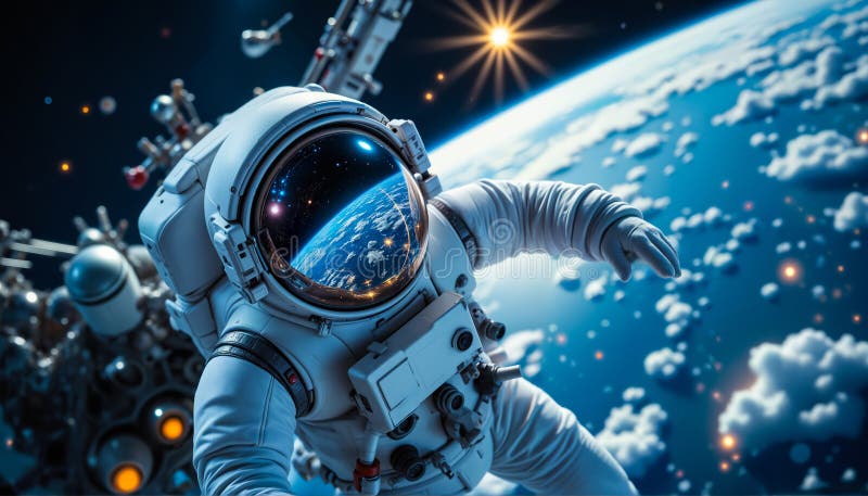 An Astronaut Hovering Above Earth, Reflections of the Planet Visible in ...