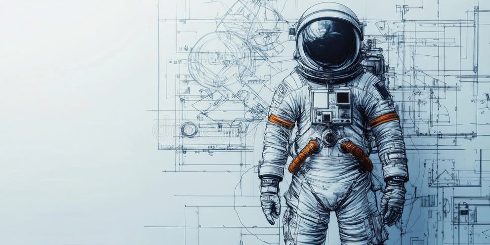 Astronaut Illustration with Technical Blueprints, Detailed Design ...