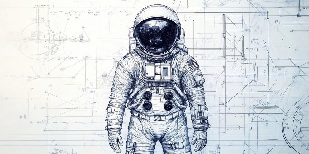 Astronaut Illustration with Technical Blueprints, Detailed Design ...