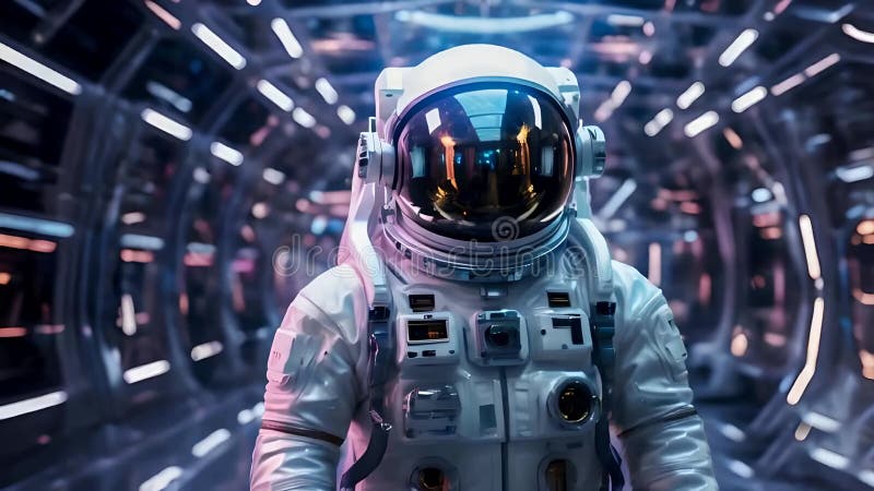 Astronaut Inside a Futuristic Space Station. Advanced Technology ...