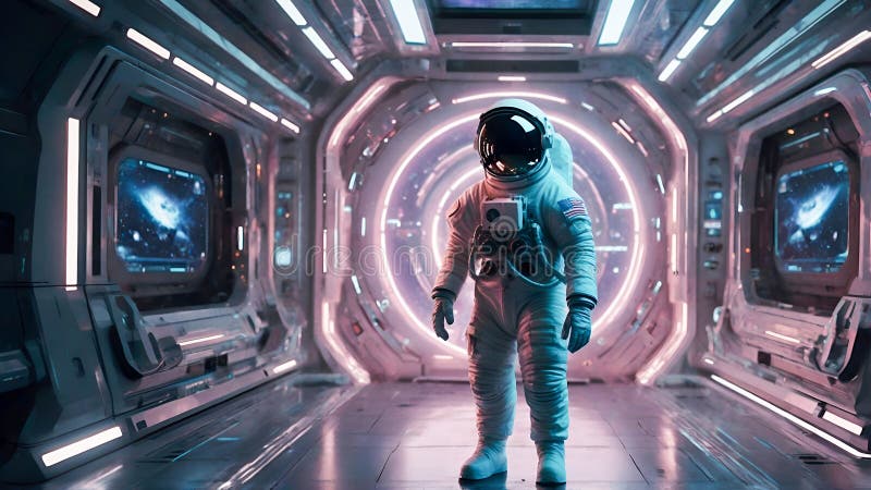 Astronaut Inside a Futuristic Space Station. Advanced Technology ...