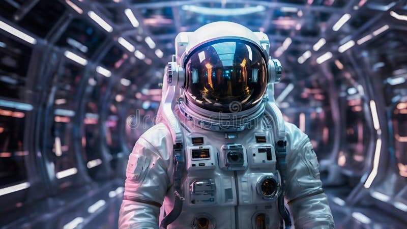 Astronaut Inside a Futuristic Space Station. Advanced Technology ...