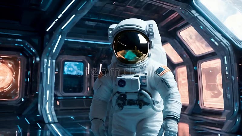 Astronaut Inside a Futuristic Space Station. Advanced Technology ...