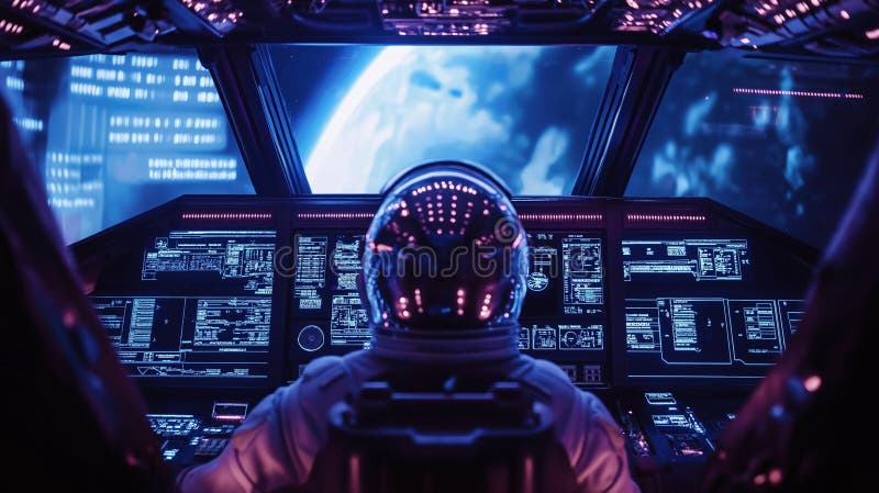 Astronaut Inside a High-tech Spacecraft Cockpit, Glowing with ...