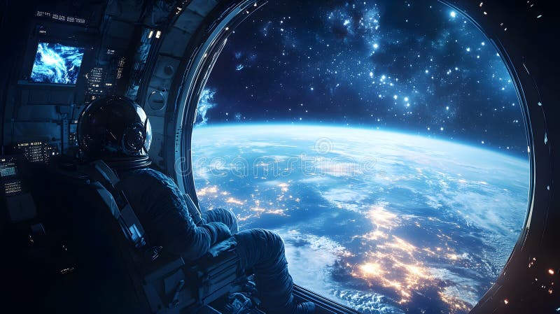 Astronaut Inside Spaceship Cabin Looking Out Window - Space Exploration ...