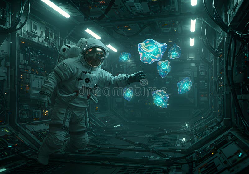 Astronaut Interacting with Abstract Objects in Spaceship Stock ...