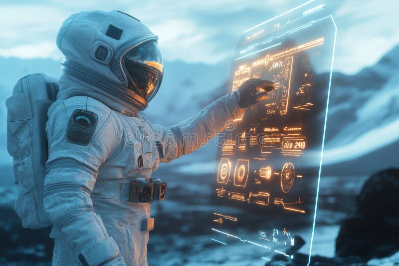 Astronaut Interacting with Holographic Display on a Distant Planet ...