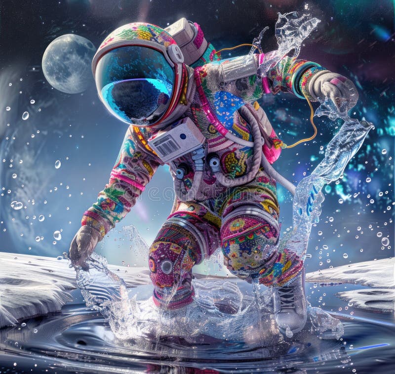 Astronaut Interacting with Water in Zero Gravity. Digital Artwork ...