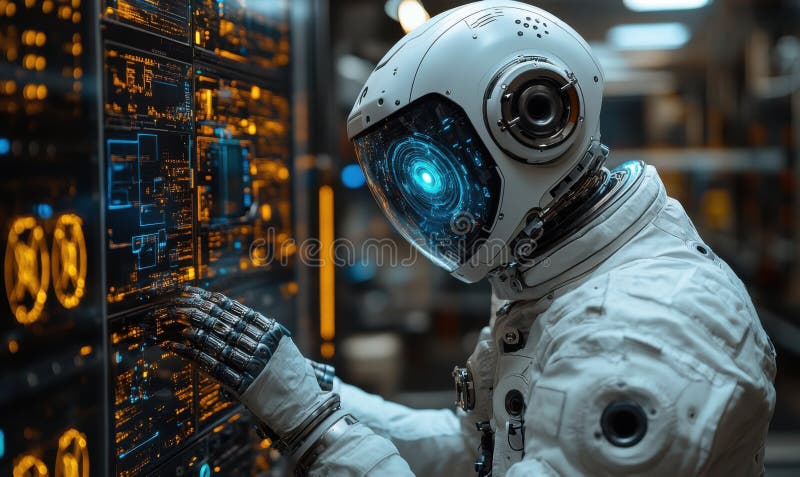Astronaut Interacts with Advanced Technology in Futuristic Laboratory ...
