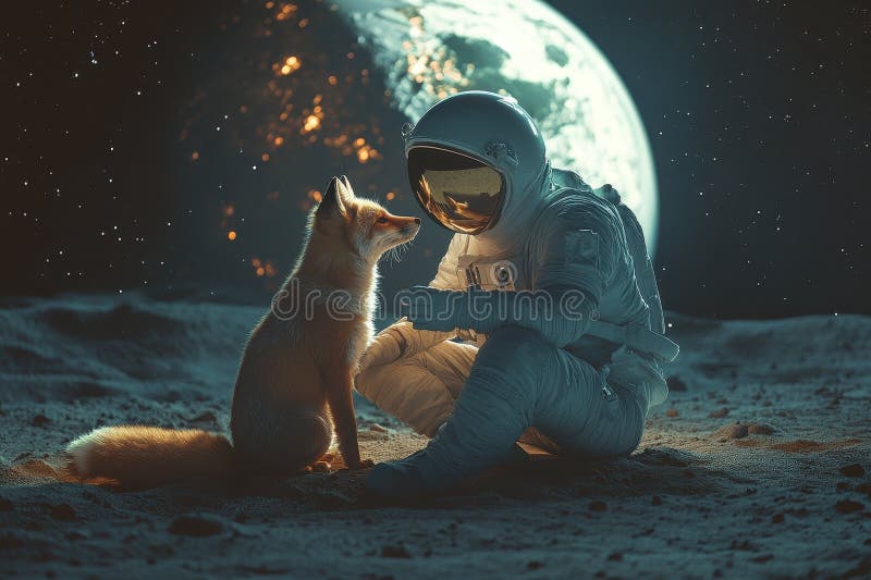 Astronaut Interacts with Fox on Moon Surface with Earth in Background ...