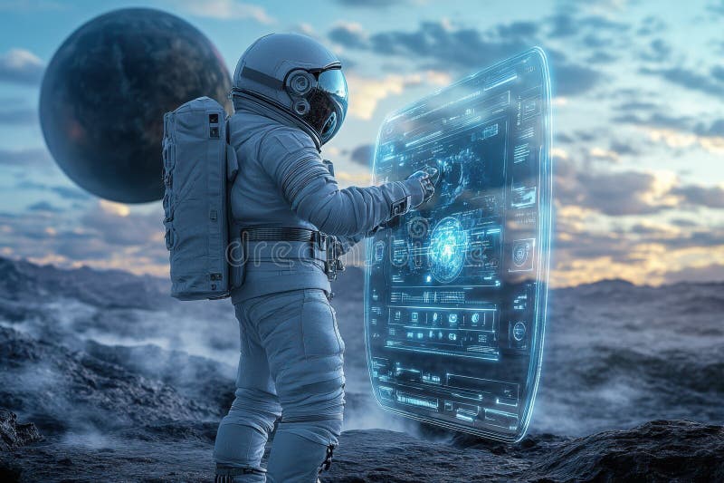 Astronaut Exploring Digital Interface on Alien Planet with Distant ...