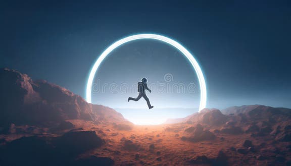 Astronaut Jumping through a Glowing Ring on a Barren Planet Surface ...
