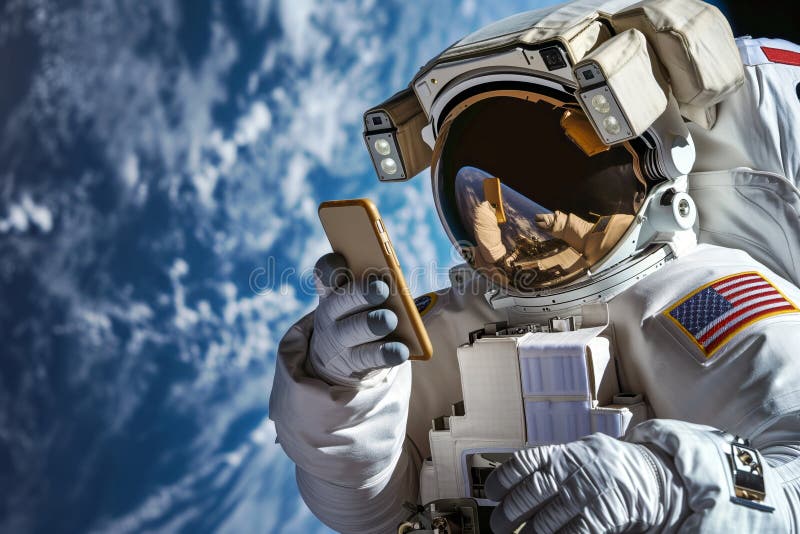 Astronaut Looking at His Smartphone in Space with Earth in the ...
