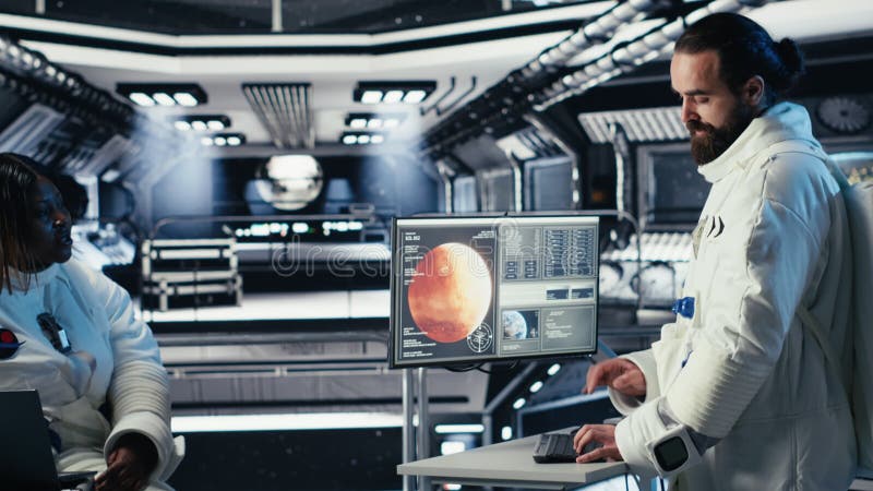 Astronaut Looking at Planet Visualization before Stepping Out of Space ...