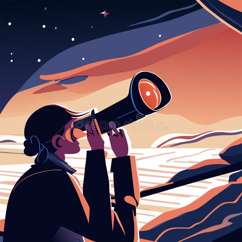 Astronaut Looking through Spyglass in Space. Vector Illustration in ...
