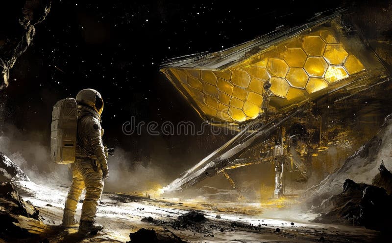 The Astronaut Looks into Space from the Heights of a Cliff on the Moon ...