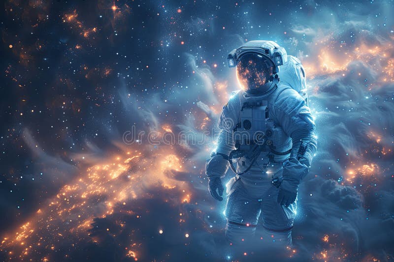 Astronaut Man in a Spacesuit Stands in Front of a Cloud. Fire Creating ...