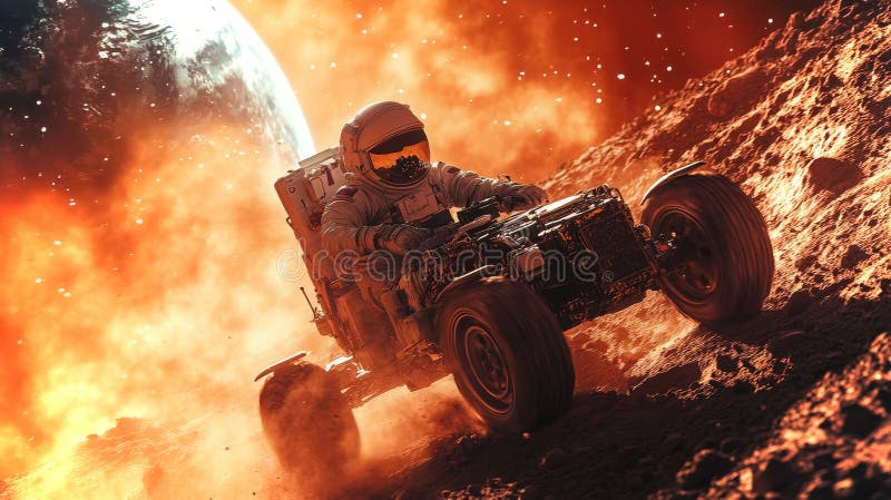 Astronaut Maneuvers Lunar Rover Across the Rugged Surface of the Moon ...