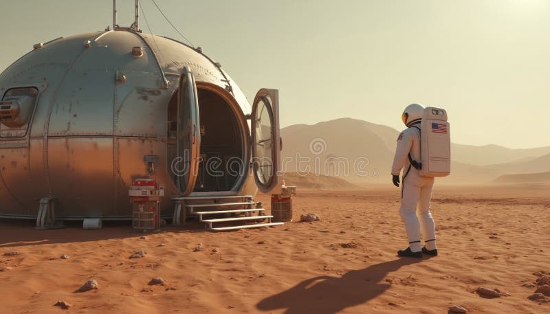 Astronaut on Mars Looking at Research Base. Man Wears Spacesuit with ...