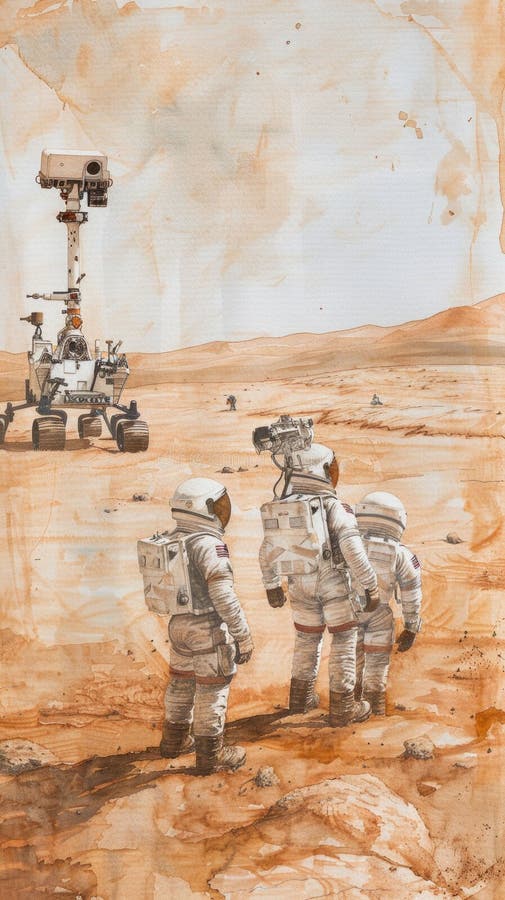 Astronaut beside Mars Rover in Barren Desert with Distant Hills Stock ...