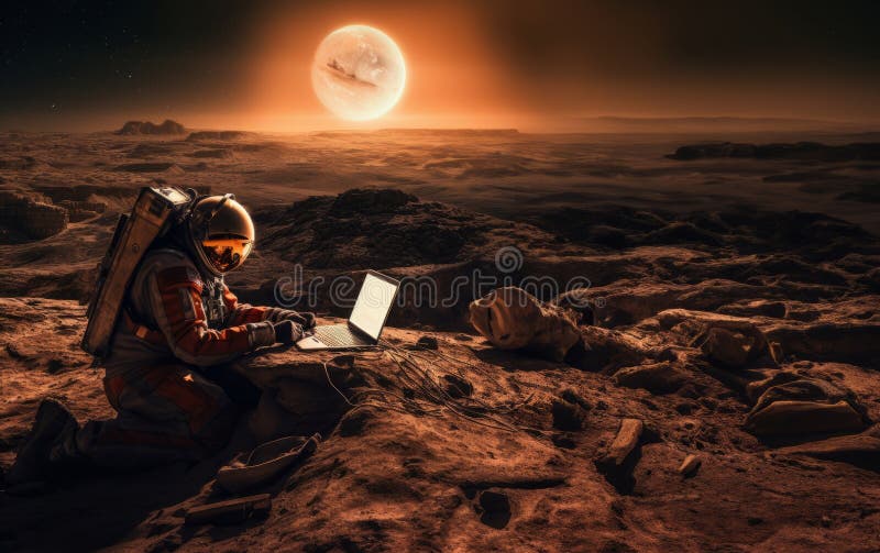 An Astronaut on Mars Utilizes a Laptop during the Enchanting Sunset ...