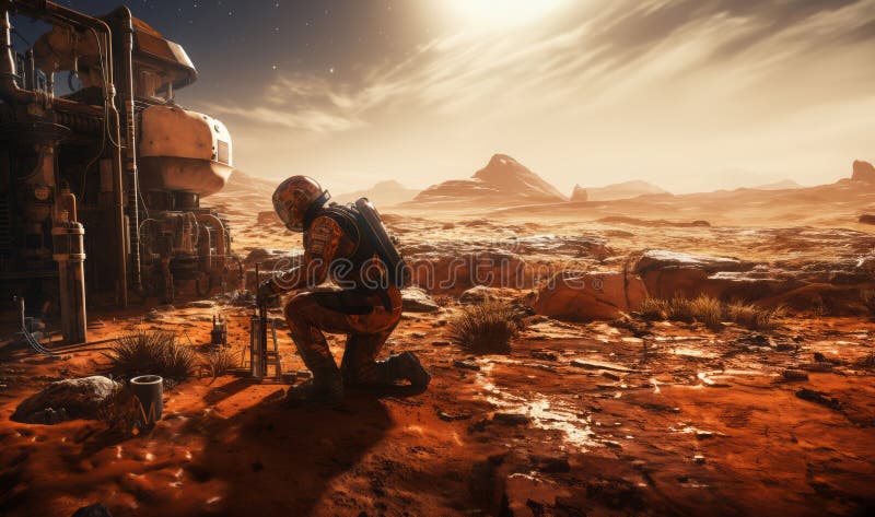 An Astronaut on Mars Utilizes a Laptop during the Enchanting Sunset ...