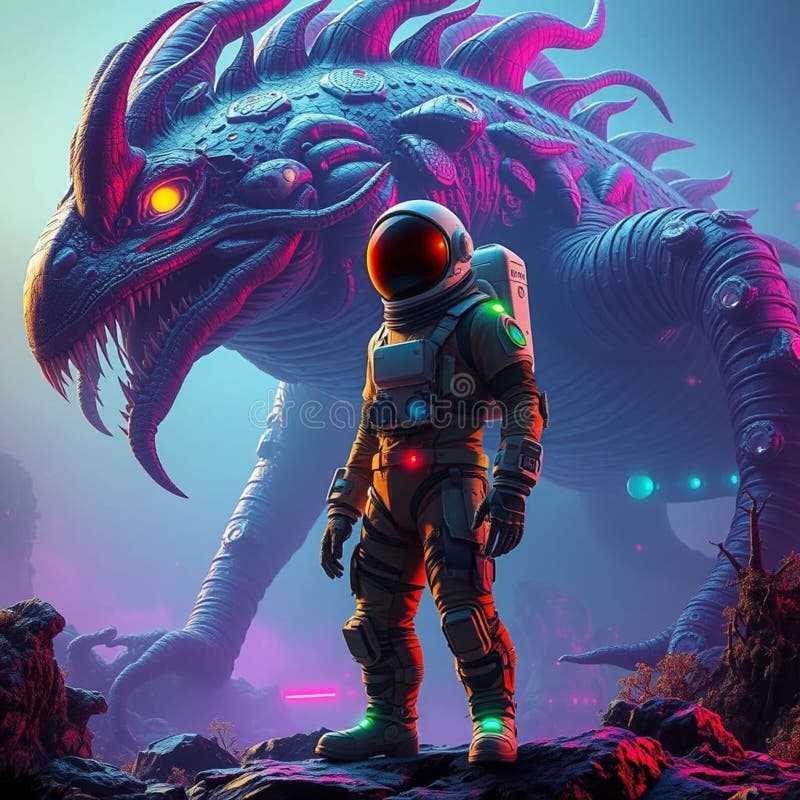Astronaut with monster stock illustration. Illustration of deep - 360216081