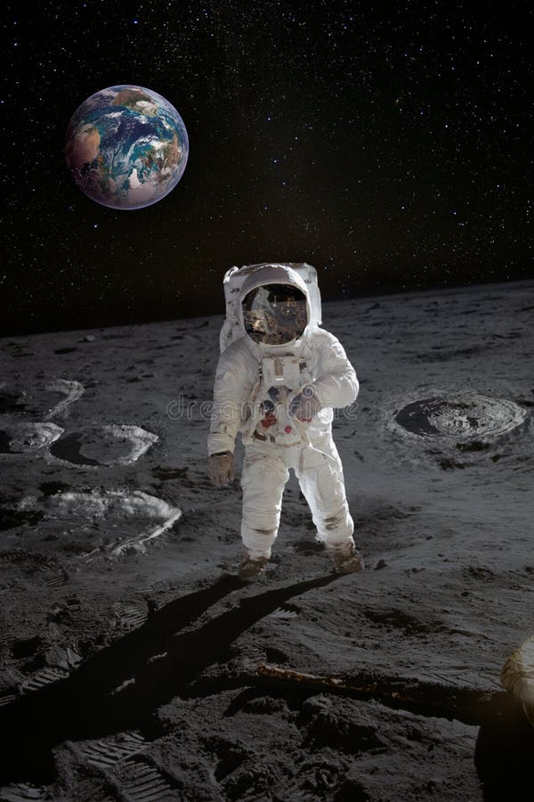 Astronaut on the Moon Surface with Planet Earth Behind. Stock Image ...