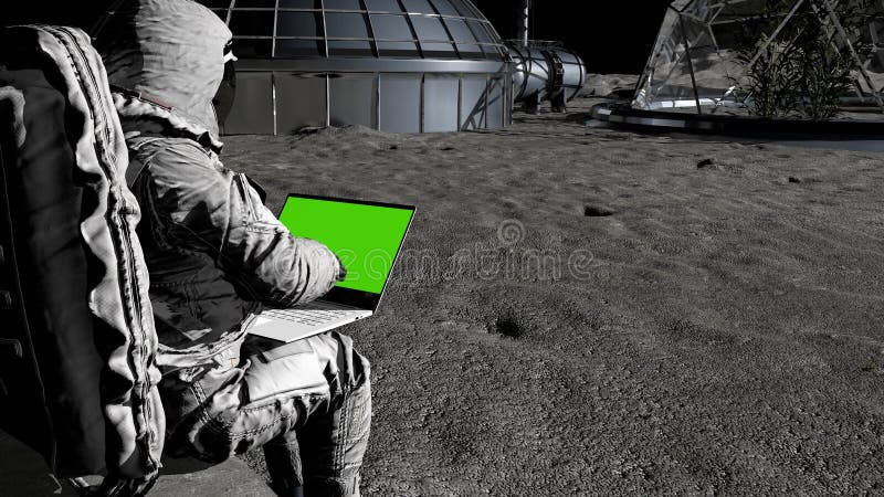 Astronaut on the Moon Typing on a Laptop with a Green Screen. Stock ...
