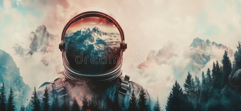 Astronaut with Mountain Landscape Reflection in Helmet Against Dreamy ...
