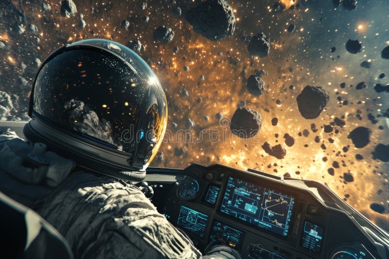 An Astronaut Navigates through a Vibrant Asteroid Field in Deep Space ...