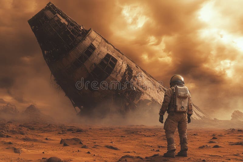 Astronaut Observing Crashed Spaceship on Mars during Dust Storm Stock ...