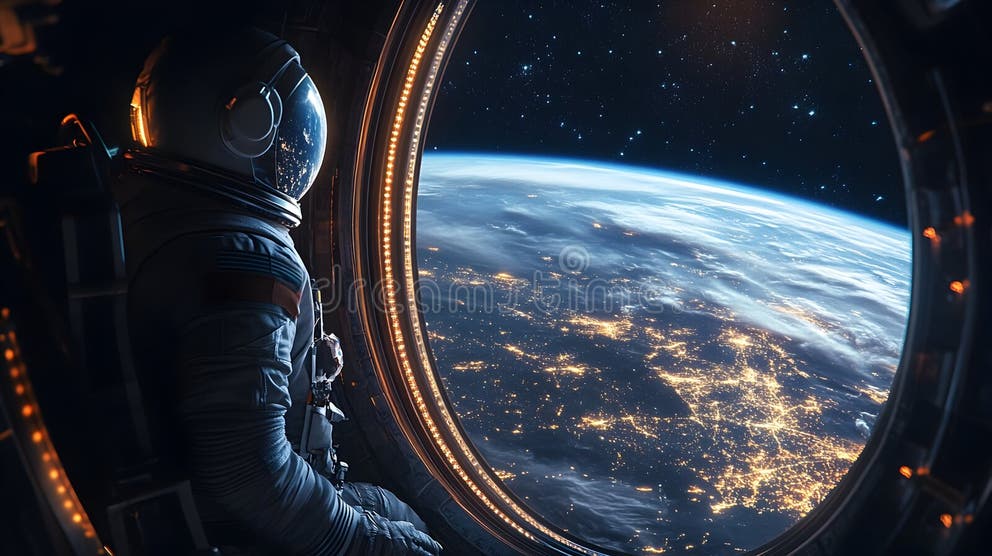 Astronaut Observing Earth from Spacecraft Window at Night Stock Image ...